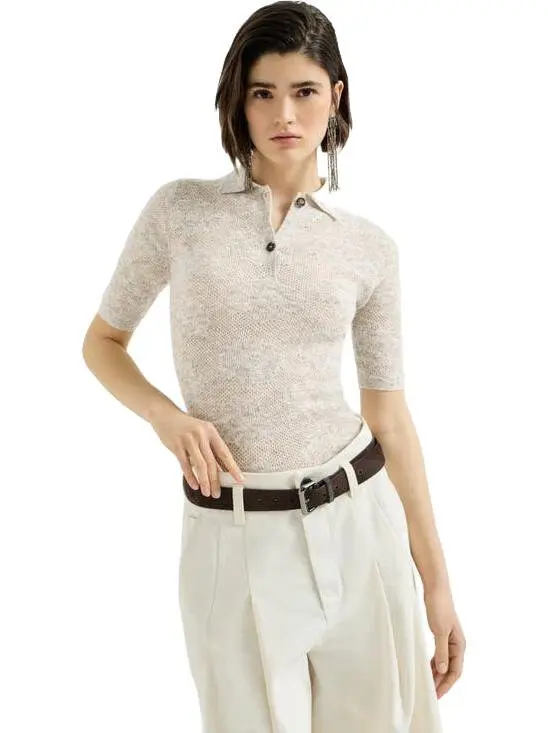 Brunello Cucinelli Silk, Alpaca, And Wool Flower Lace Knit Polo Shirt - Fog