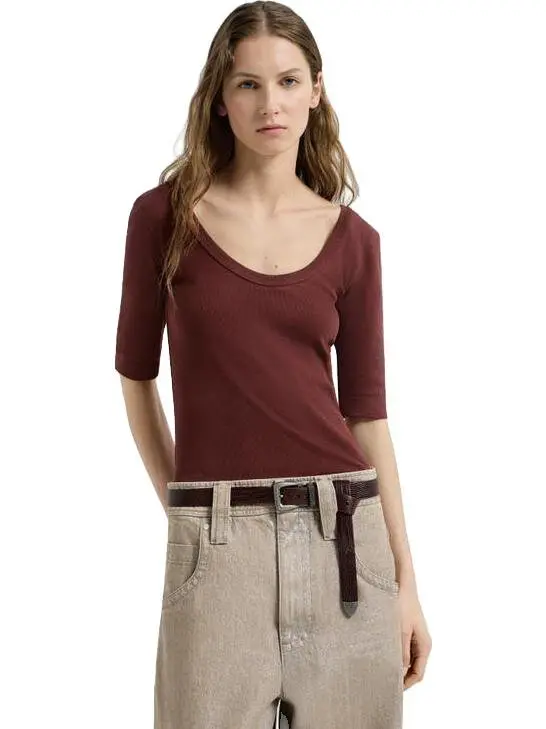 Brunello Cucinelli Ribbed Stretch Cotton T-shirt With Monili - Wine
