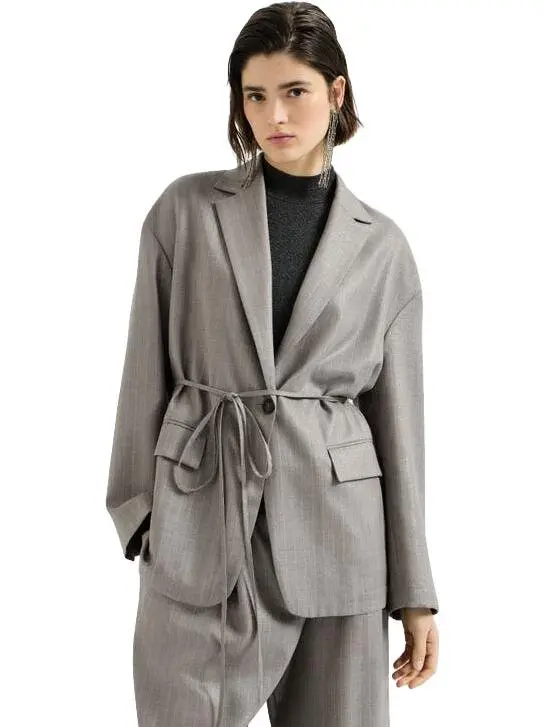 Brunello Cucinelli Sparkling Virgin Wool Pinstripe Blazer With Monili - Silver