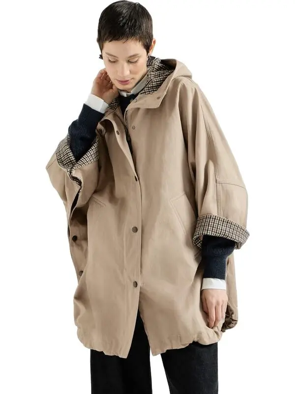 Brunello Cucinelli Cotton And Linen Twill Hooded Outerwear Jacket With Monili - Camel