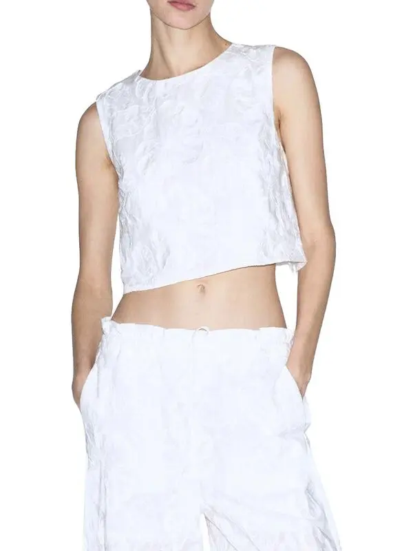 Mango Floral Embroidered Cotton Crop Top - White