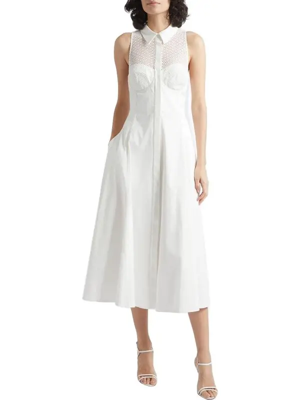 REISS Hera Broderie Anglaise Cotton Midi Dress - Ivory
