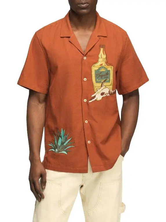 Lucky Brand Tequila & Cow Skull Embroidered Slub Cotton Camp Shirt - Ginger Bread