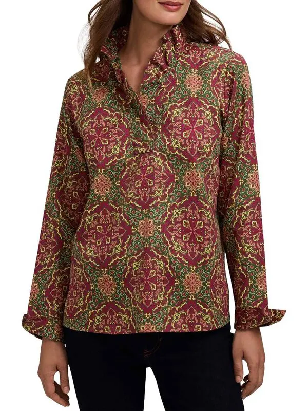 Foxcroft Tammy Medallion Print Ruffle Collar Cotton Top - Red/multi
