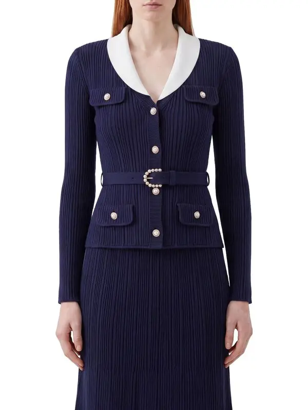 SELF-PORTRAIT Slim Fit Ribbed-knit Cardigan With Lapels And Belt - Navy