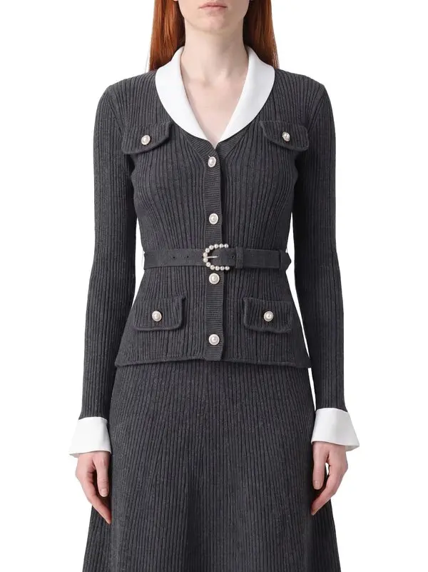 SELF-PORTRAIT Ribbed Wool-blend Belted Lapel Cardigan - Grey