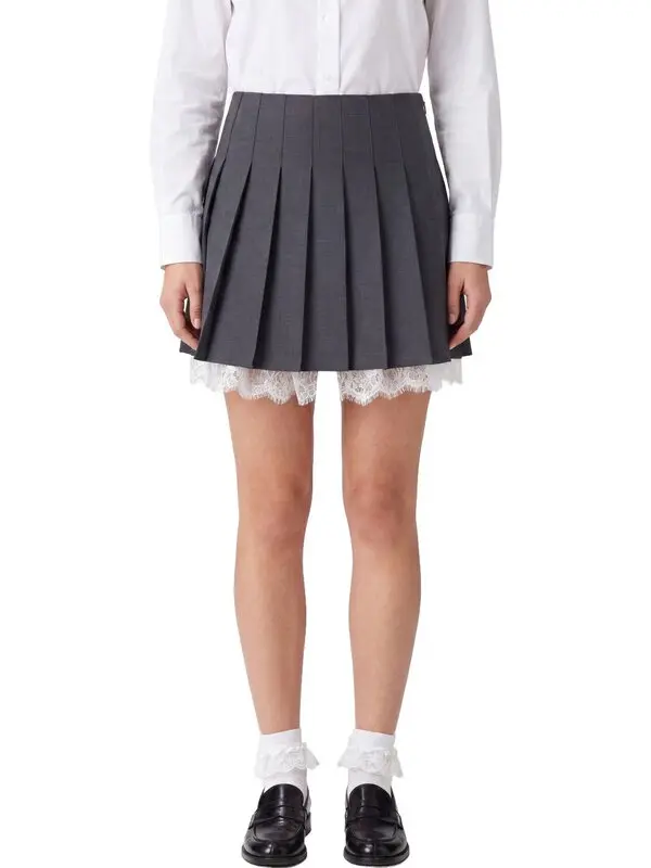 SELF-PORTRAIT Pleated Wool-blend Mini Skirt With Lace Inserts - Grey