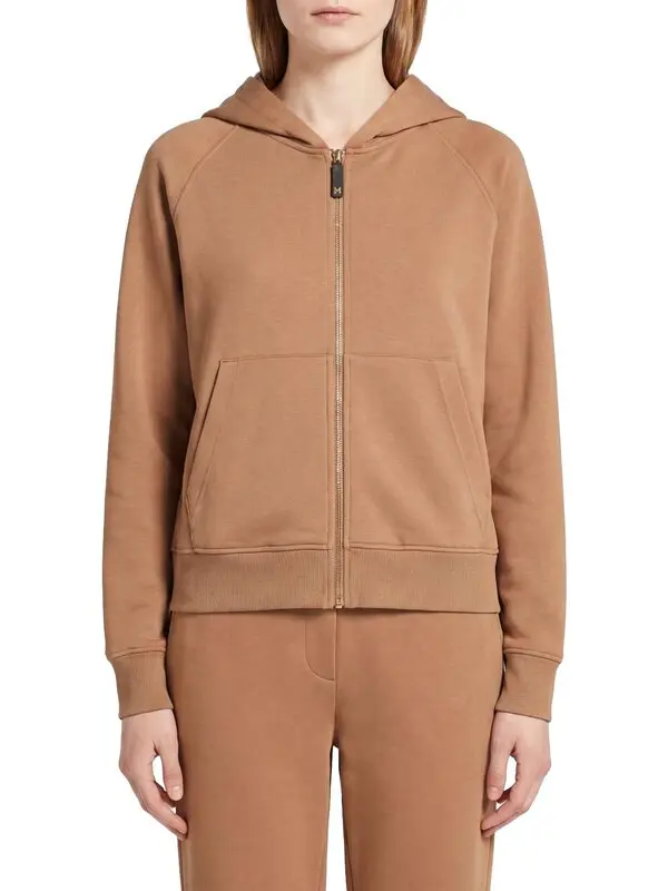Max Mara Hooded Cotton Zip-up Sweatshirt With Kangaroo Pocket - Camel