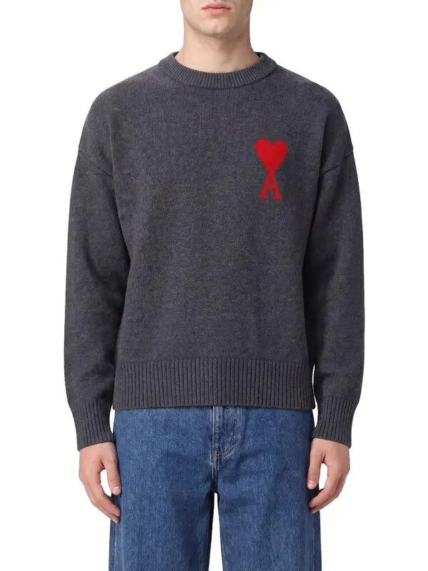 AMI Paris Crew Neck Wool Jumper With Contrast De Cœur Logo - Grey