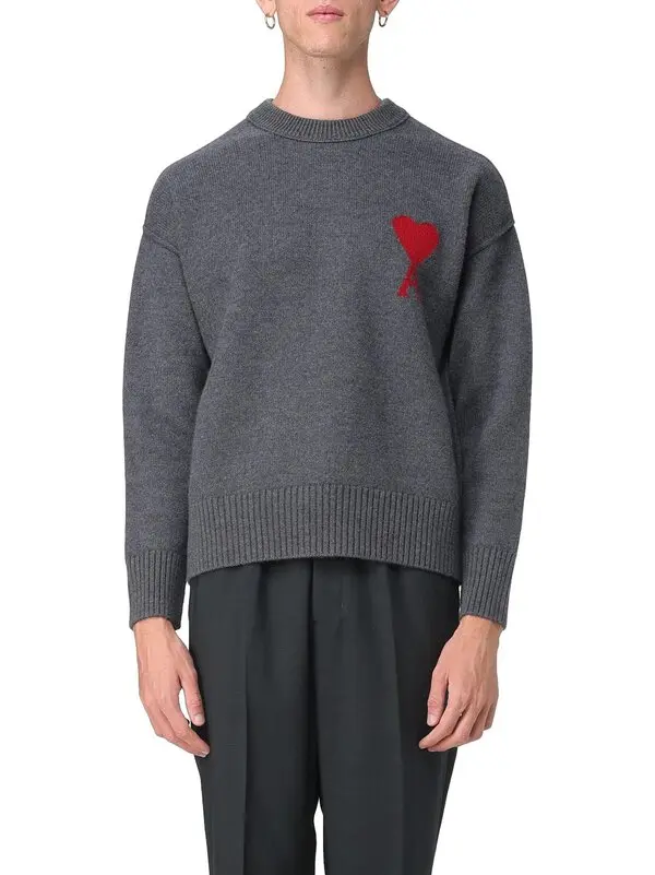 AMI Paris Crew Neck Wool Jumper With Contrast De Cœur Logo - Grey
