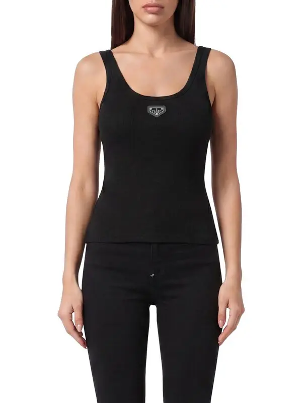 Philipp Plein Sleeveless Slim Fit Ribbed Cotton Blend Top With Logo - Black