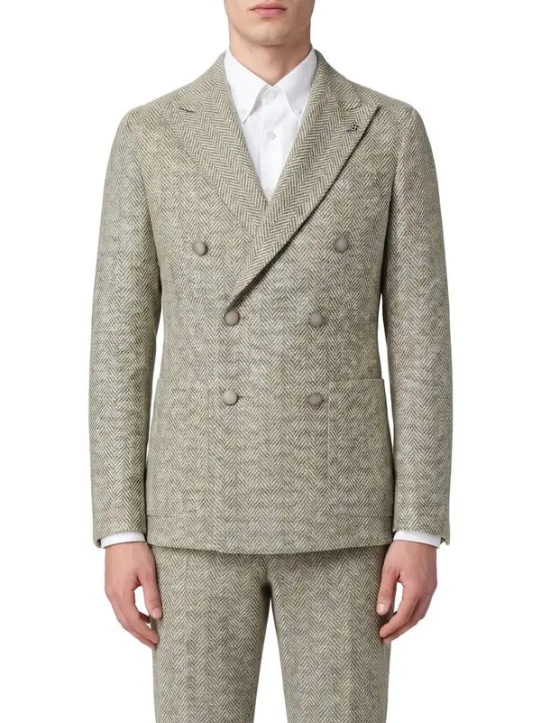 Tagliatore Chevron Pattern Double-breasted Blazer In Linen And Cotton - Green