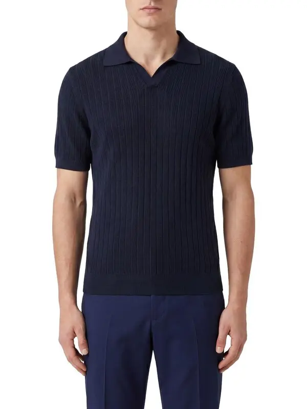 Fedeli Slim Fit V-neck Knit Polo In Organic Cotton With Short Sleeves - Blue