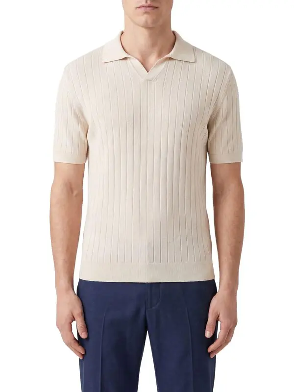 Fedeli Slim Fit V-neck Knit Polo In Organic Cotton With Short Sleeves - Ivory