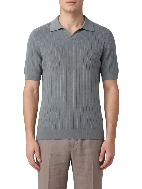 Fedeli Slim Fit V-neck Knit Polo In Organic Cotton With Short Sleeves - Olive