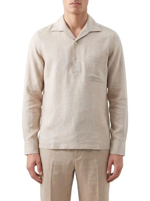 LARDINI Long-sleeved Shirt In Pure Linen With A Cuban Collar And Patch Pocket - Beige