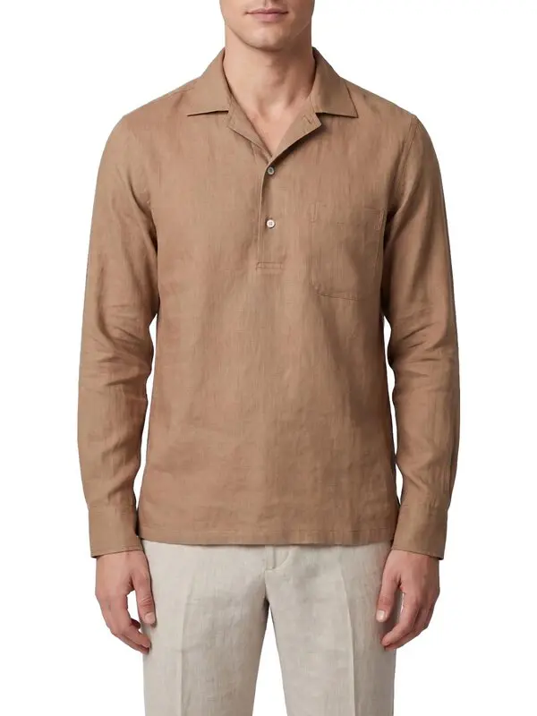 LARDINI Long-sleeved Shirt In Pure Linen With A Cuban Collar And Patch Pocket - Brown