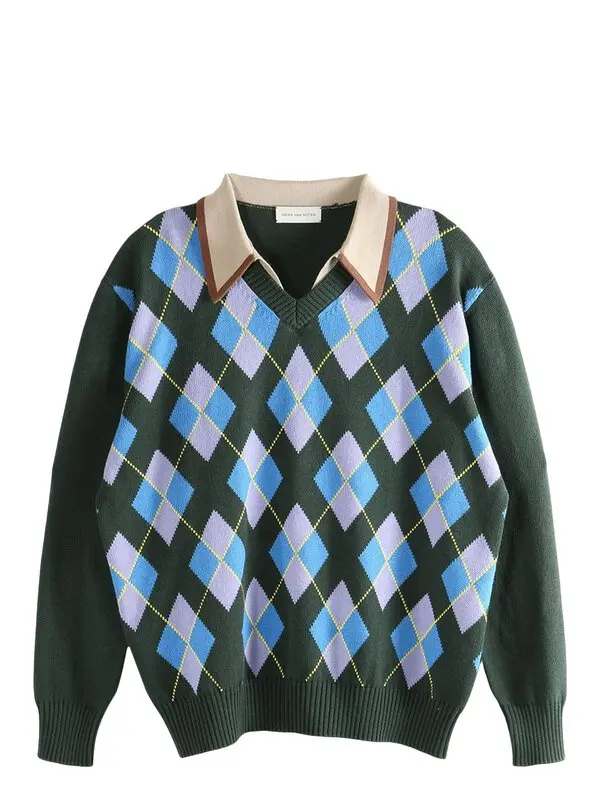 Dries Van Noten Argyle Knit Polo - Green