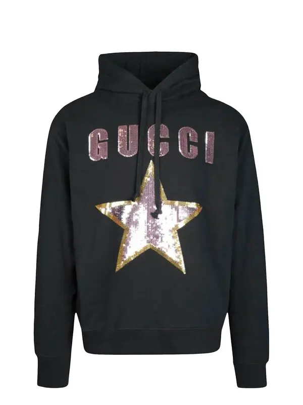 Gucci Logo And Star Sequinned Hoodie - Black
