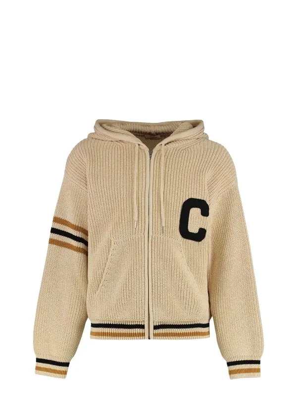 Celine Hooded Zip Sweater With Embroidered Logo - Beige