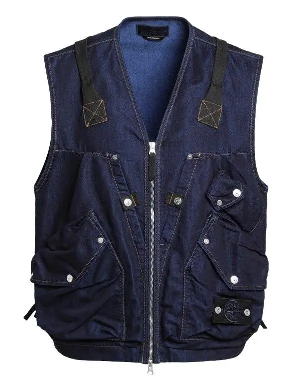 Stone Island Logo Patch V-neck Vest - Blue