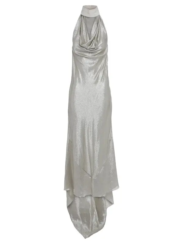 FROLOV Metallic Silk Halterneck Maxi Dress - Silver