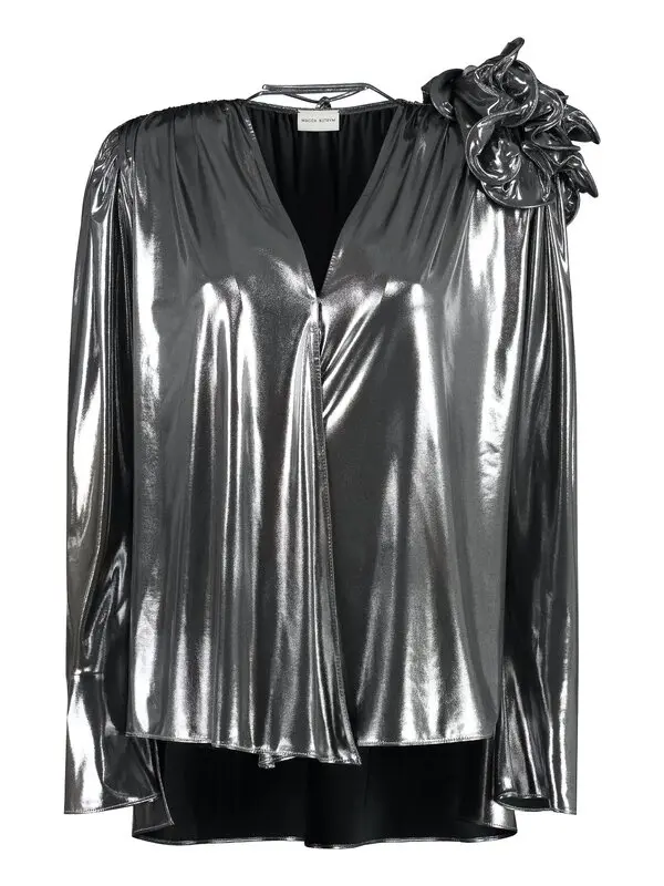 Magda Butrym Metallic V-neck Blouse With Ruffled Detail - Silver
