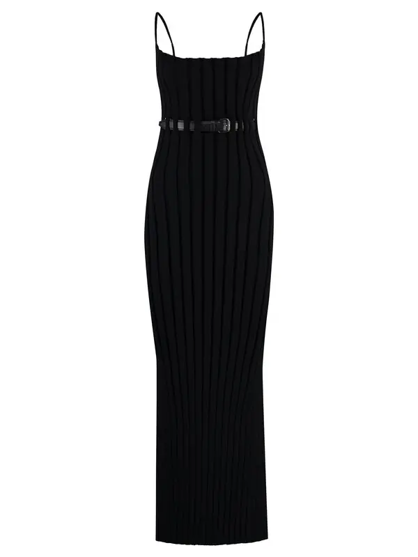 Alexander Wang Belted Ribbed-knit Maxi Dress With Back Slit - Black