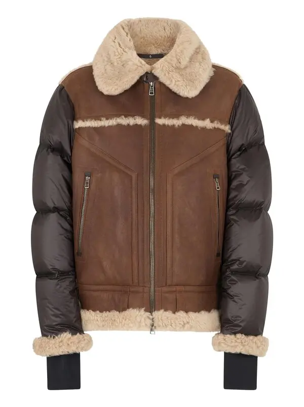 Moncler Down Jacket With Napa Leather And Shearling Inserts - Brown
