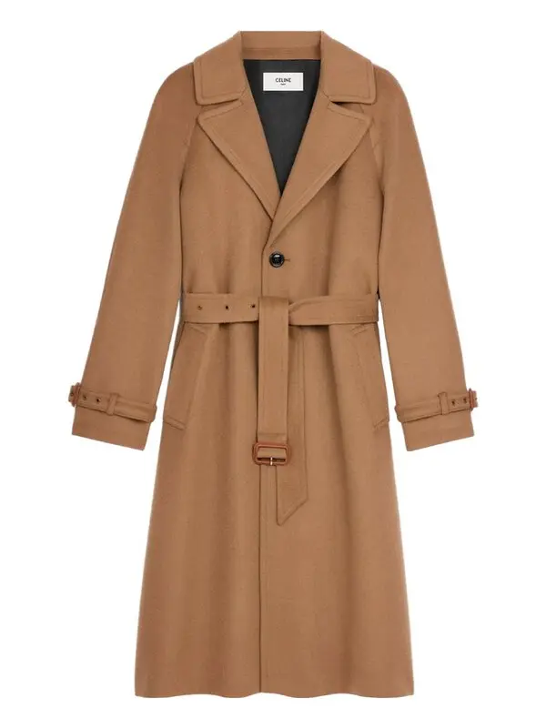 Celine Belted Button-up Coat In Wool - Camel