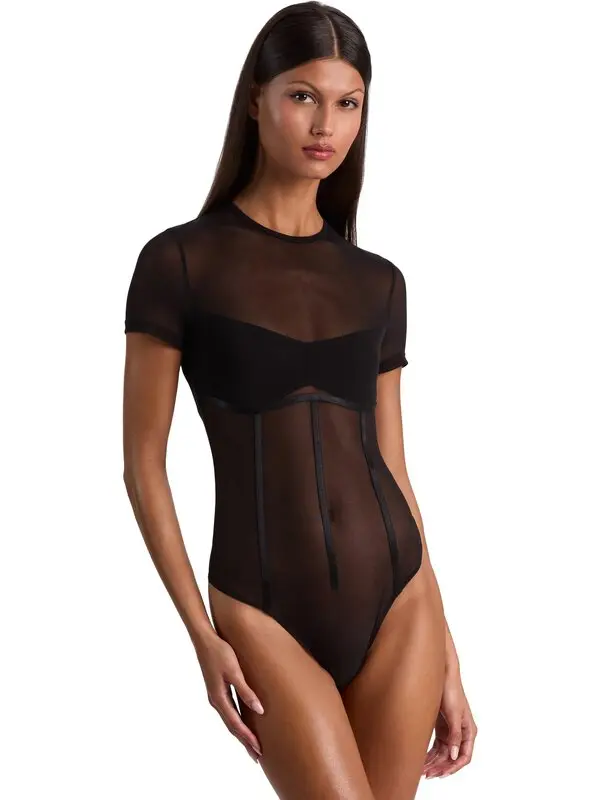 Alice + Olivia Whitney Sheer Seamed Bodysuit - Black