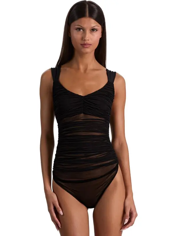 Alice + Olivia Renee Sheer Ruched Bodysuit - Black