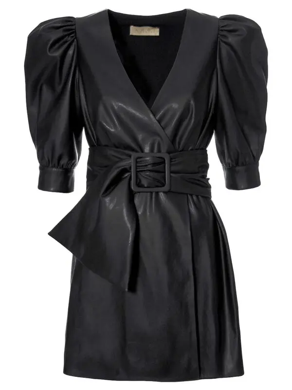 AGGI BY HALEWSKI Vegan Leather Mini Dress With Draped Belt - Black