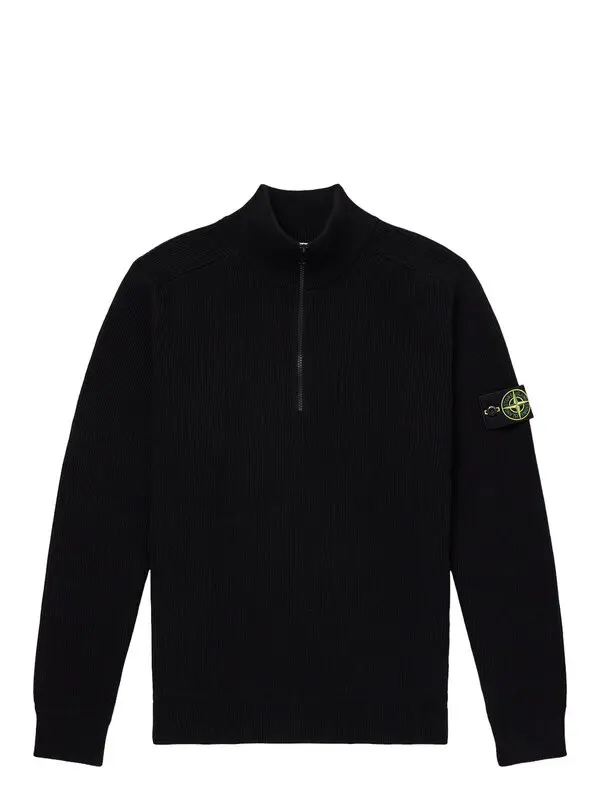 Stone Island Ribbed Cotton Zip-up Sweater - Black