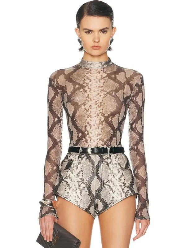 Lapointe Printed Mesh Mock Neck Bodysuit - Python Print