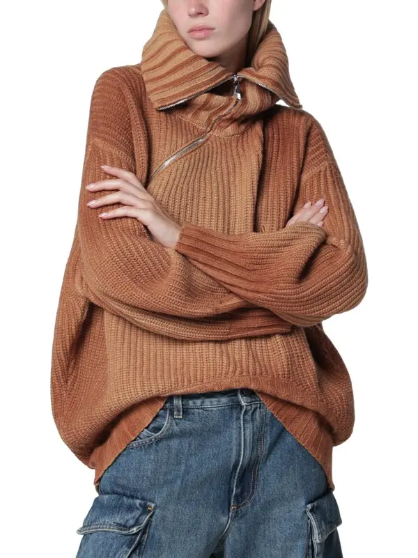 Attico Camel Wool And Cashmere Sweater With Asymmetric Zip Detail - Beige