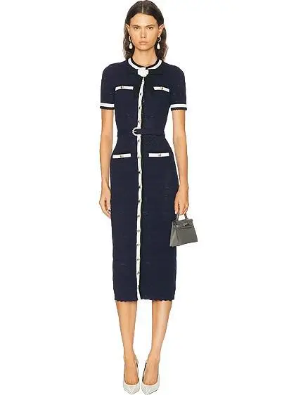 SELF-PORTRAIT Pointelle Knit Midi Dress - Navy