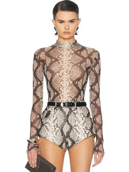 Lapointe Printed Mesh Mock Neck Bodysuit - Python Print