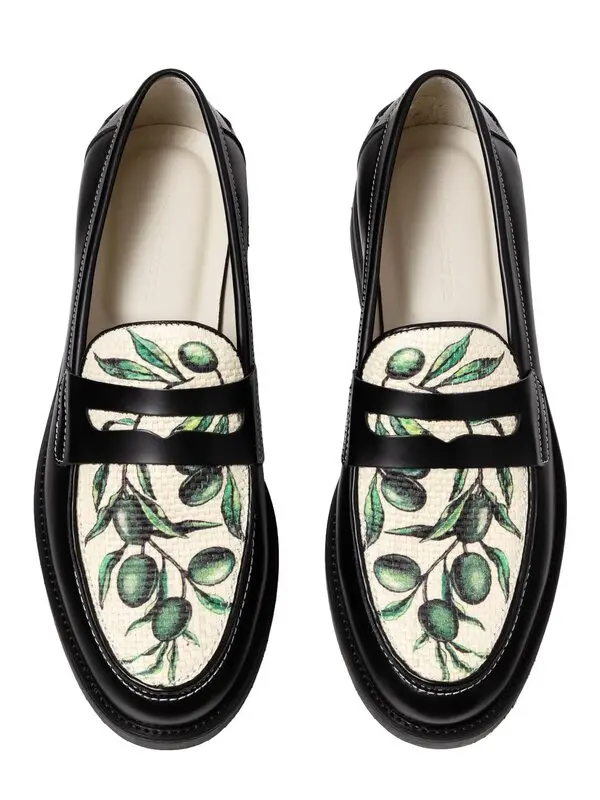 DUKE + DEXTER Raffia Penny Loafers With Branch Motif - Olive