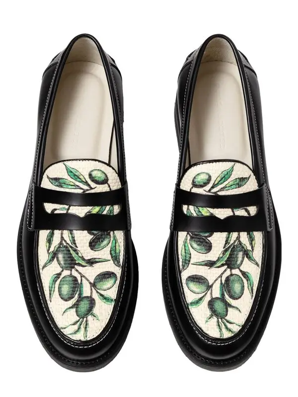 DUKE + DEXTER Raffia Penny Loafers With Branch Motif - Olive