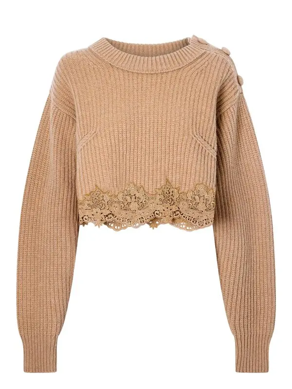 Chloé Lace-trimmed Wool And Cashmere-blend Cropped Sweater - Brown