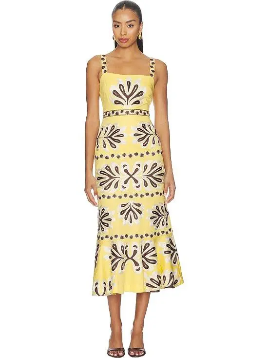 Alexis Sirena Midi Dress With Embroidered Florals - Yellow