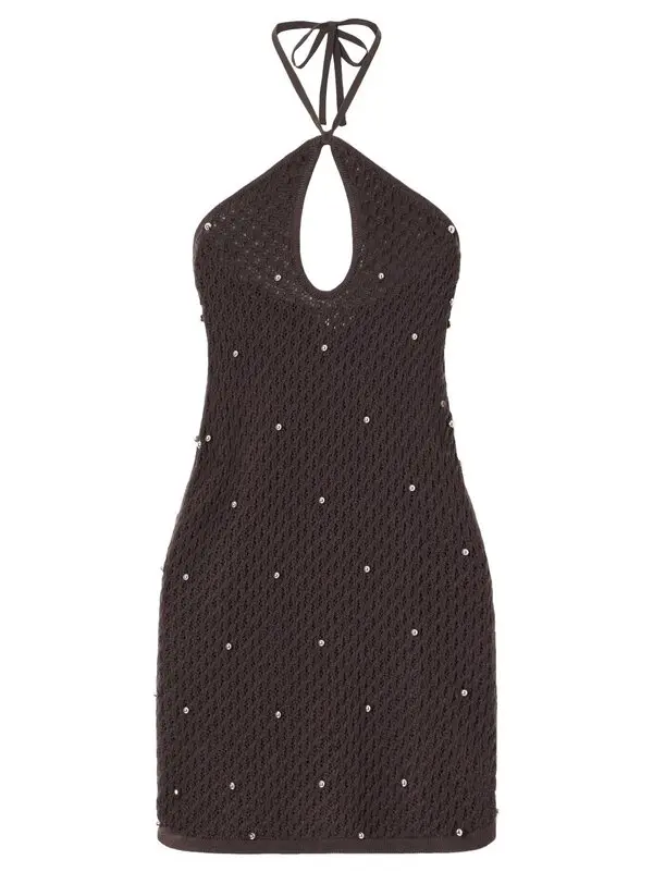 Staud Isola Embellished Crocheted Cotton Halterneck Mini Dress - Brown