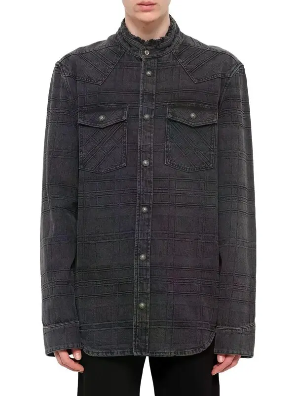 Balmain Quilted-effect Distressed-collar Shirt - Grey