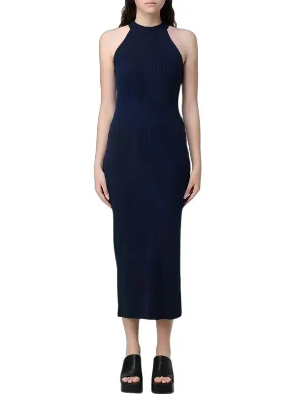 EA7 Ribbed Knit Halterneck Midi Dress - Blue