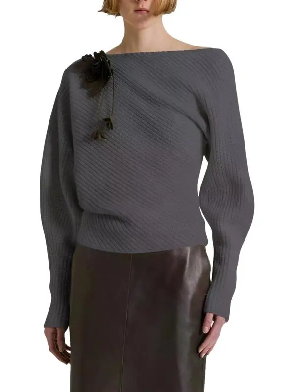 Alberta Ferretti Ribbed Sweater With Floral Appliqu - Grey