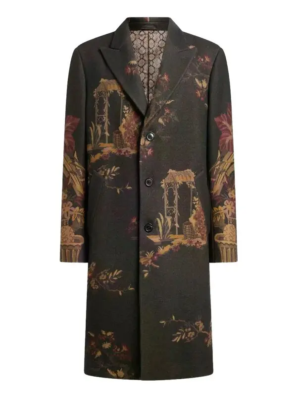 Etro Wool-blend Coat With Placed Flower And Animal Print - Brown