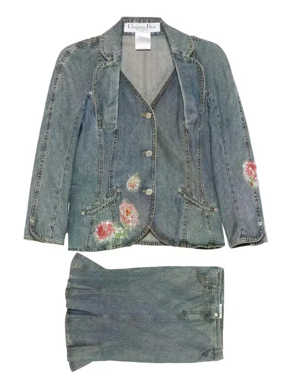 Dior Floral Patchwork Denim Jacket And Skirt Set - Blue