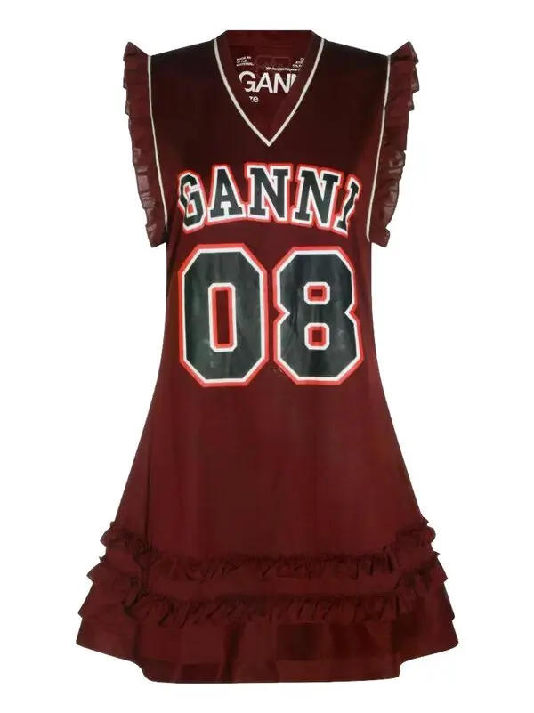 GANNI Burgundy Logo Print Mini Dress With Ruffled Trim - Red