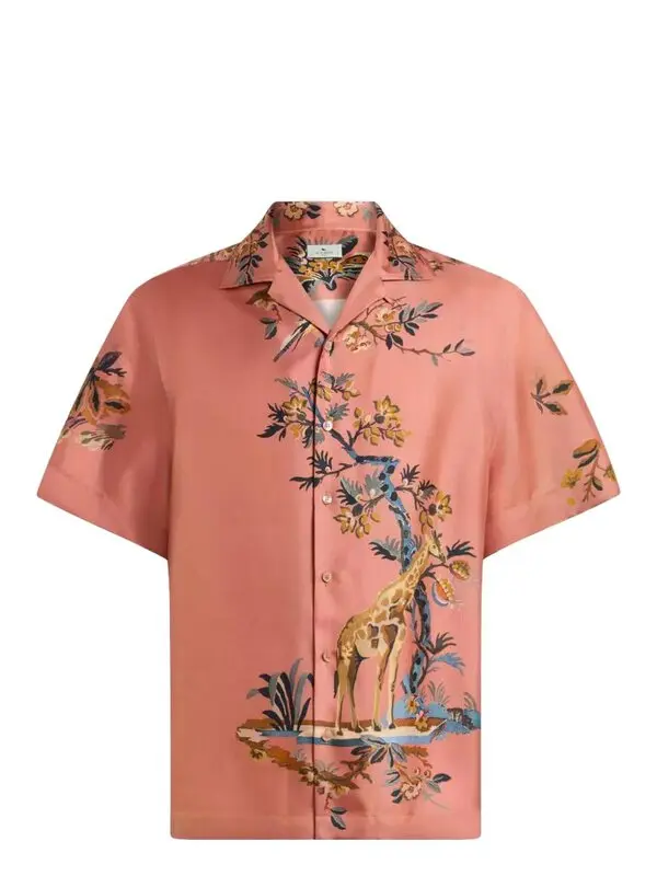 Etro Silk Bowling Shirt With Placed Flower And Animal Print - Pink